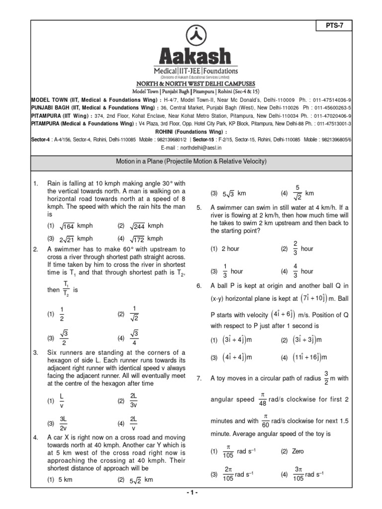 PTS 7 AS19 Motion in A Plane Projectile Motion & Relative Velocity | PDF | Mechanics ...