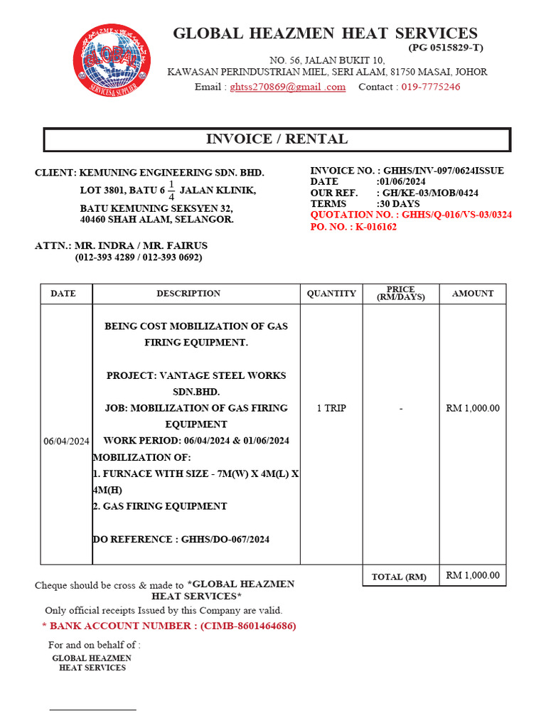 Invoice for Gas Equipment Mobilization | PDF