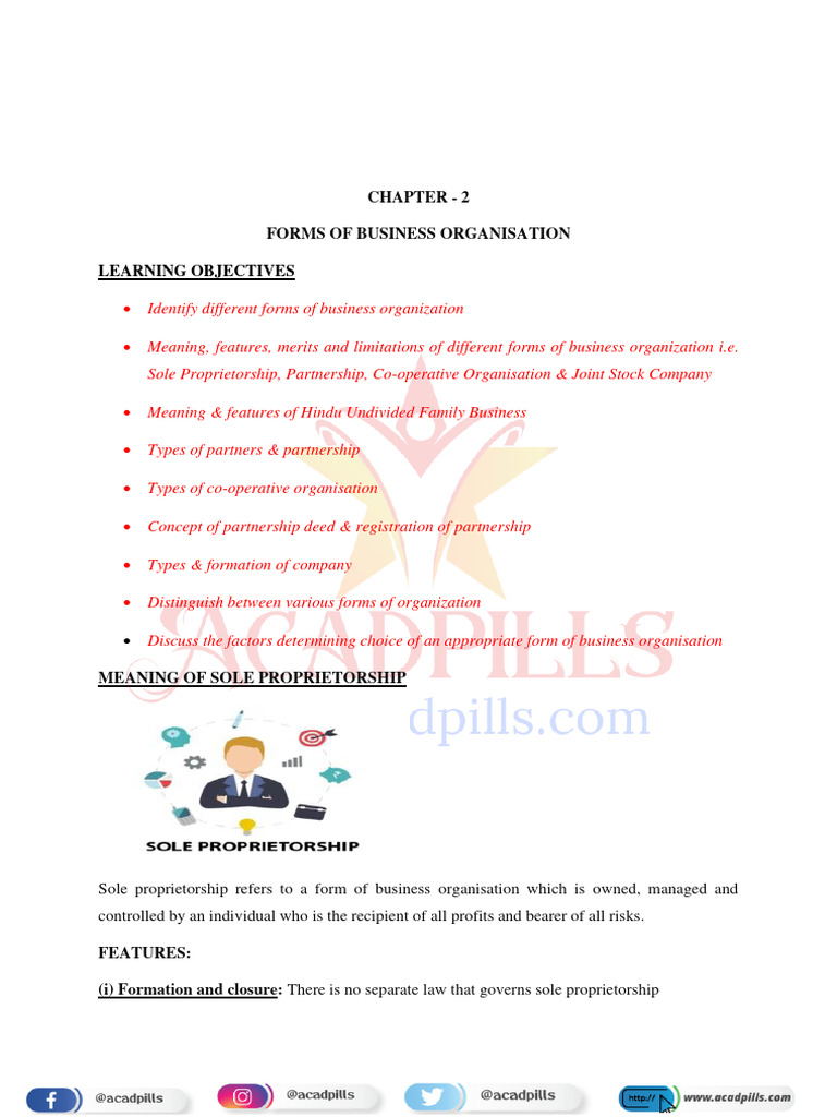 CHAPTER - 2 FORMS OF BUSINESS ORGANISATION | PDF | Partnership | Sole ...
