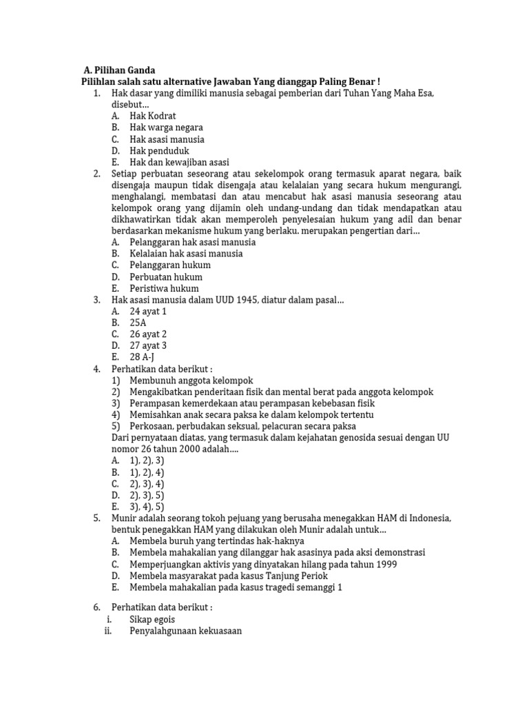 Soal Pilihan Ganda dan Essay HAM dan Hukum | PDF