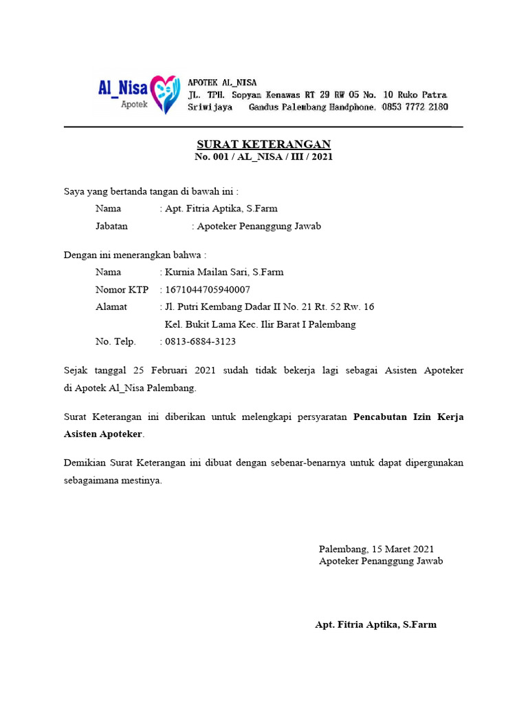 Surat Keterangan Pencabutan SIK | PDF