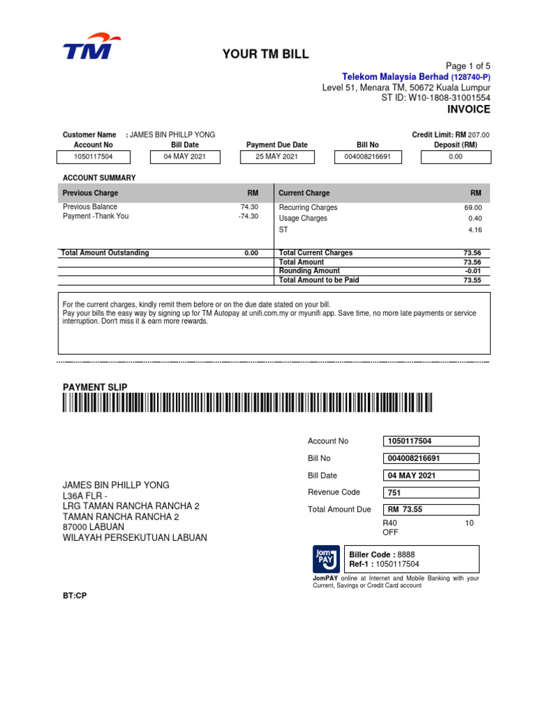 Your TM Bill: Page 1 of 5 Level 51, Menara TM, 50672 Kuala Lumpur ST ID ...