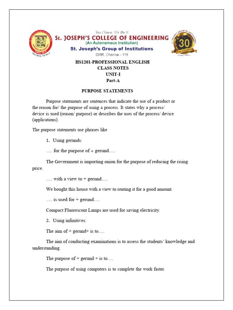 Hs1201-Professional English Class Notes Unit-I Part-A Purpose ...