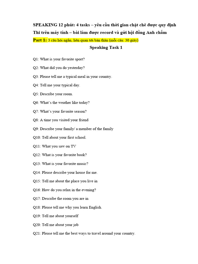 Questions Speaking Task 1 1 | PDF | Vietnamese Cuisine | Cuisine