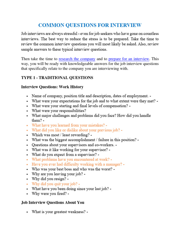 Common Questions For Interview | PDF | Job Interview | Cognition