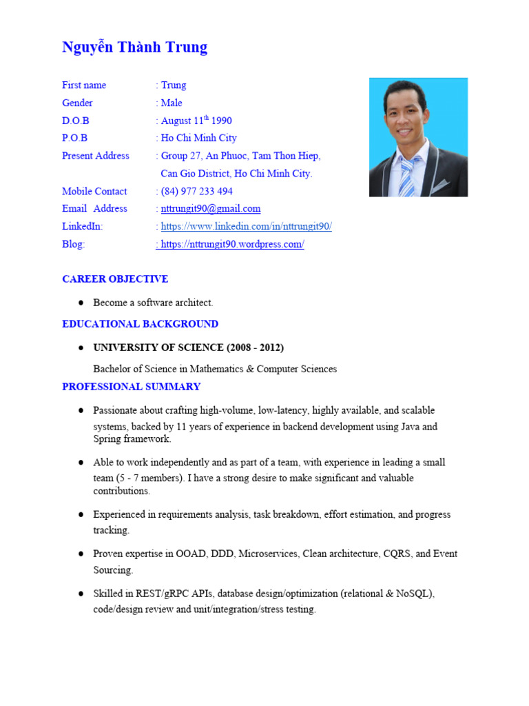 Trung's CV - Senior Backend Engineer (Java) | PDF | Computer Network | Databases