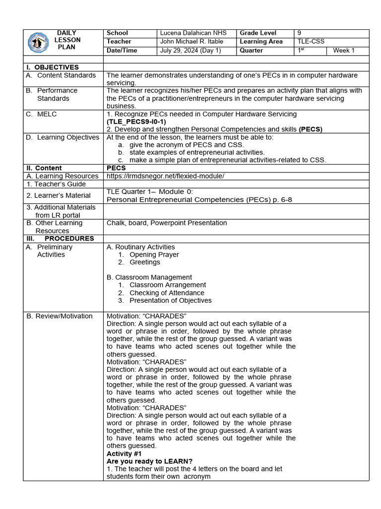 Grade 9 TLE-CSS Lesson Plan | PDF | Entrepreneurship | Learning