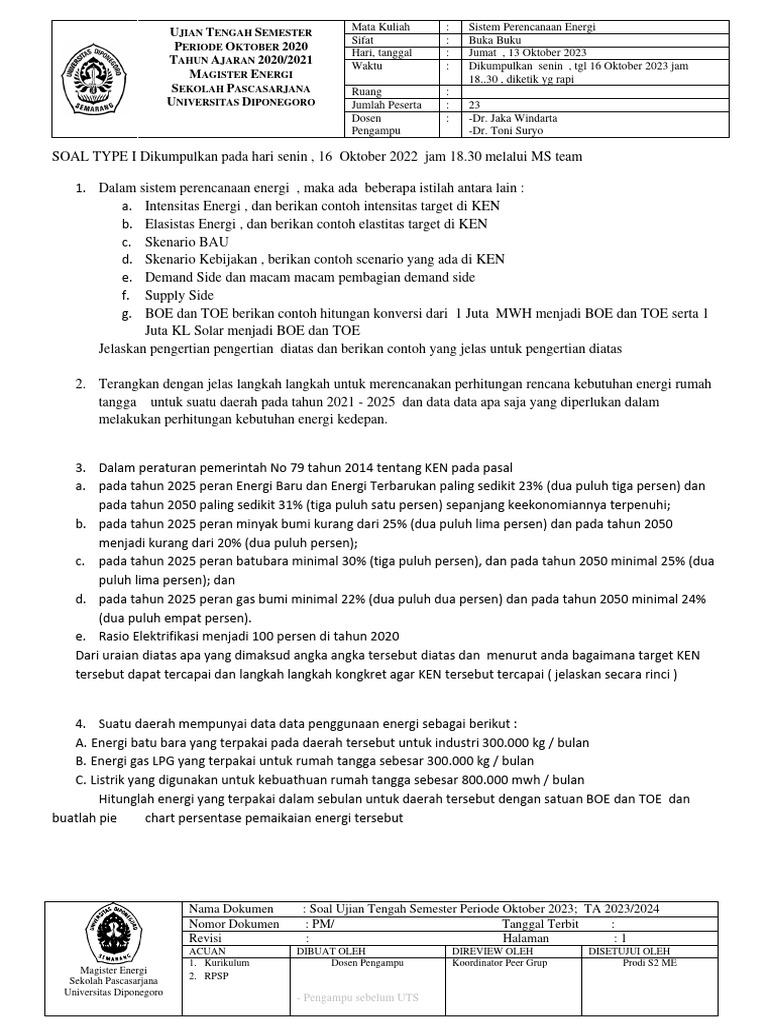Soal Type I UTS Perencanaan Energi 2023 Okt | PDF