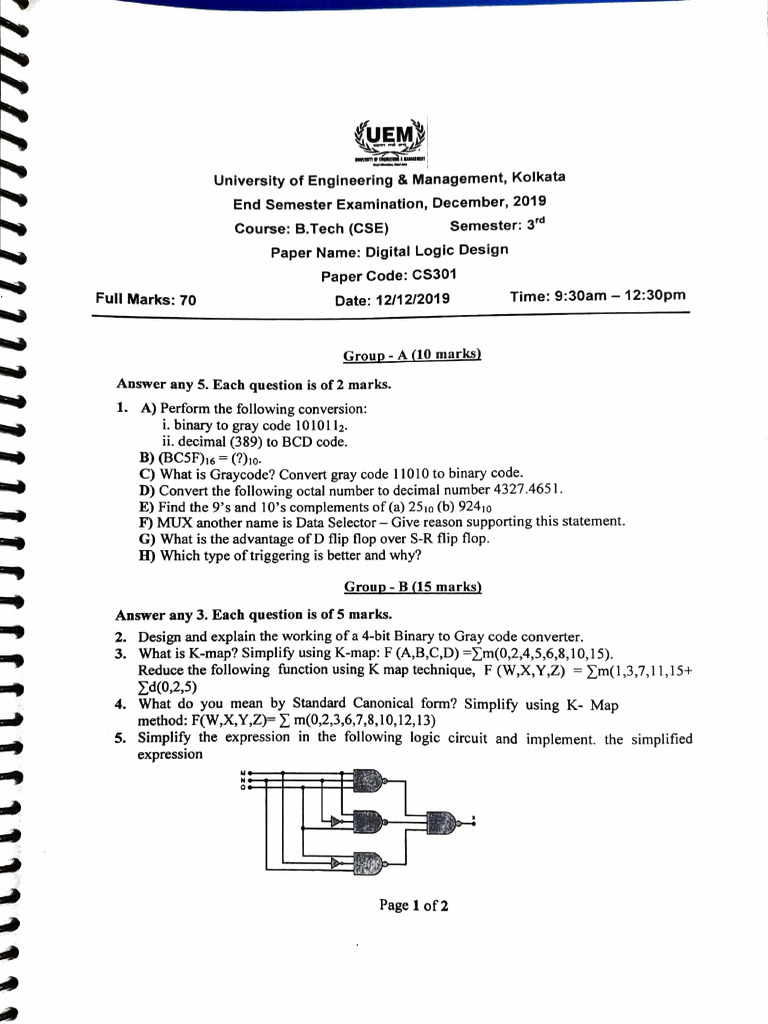 Sample Paper - Digital - CS301 - 2019 | PDF | Computing | Digital Electronics