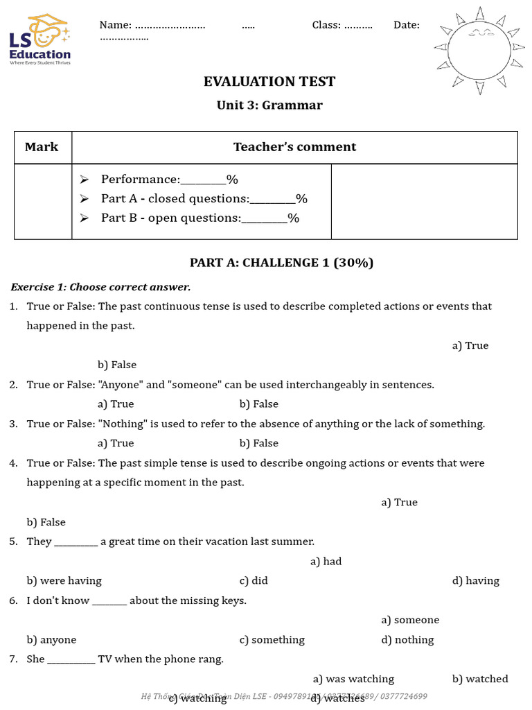 Gold A2+ - U3 - Grammar - Mini Test Ver 2 | PDF