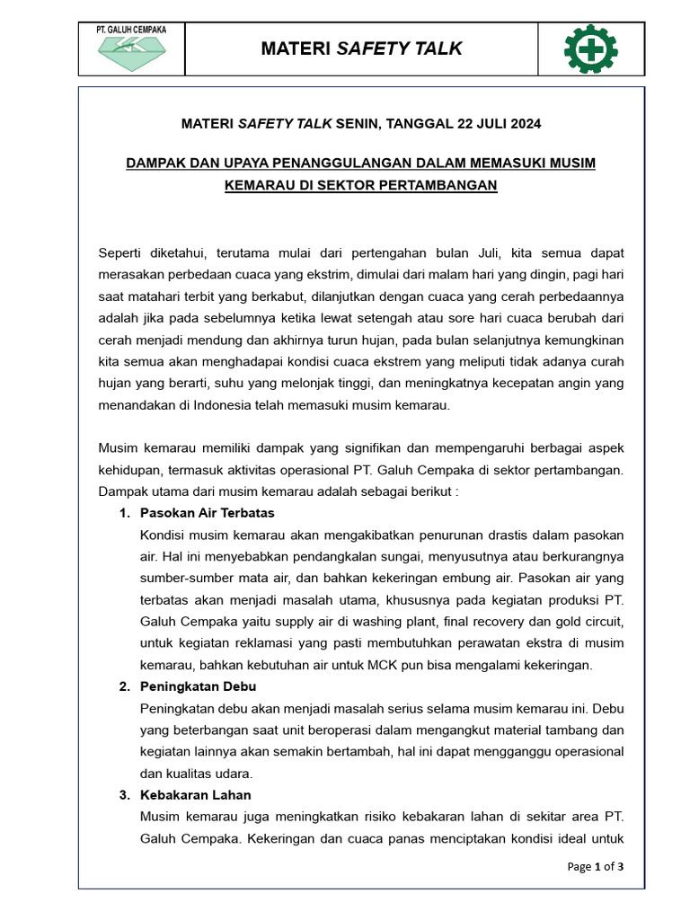 Materi Safety Talk - Mekanik | PDF