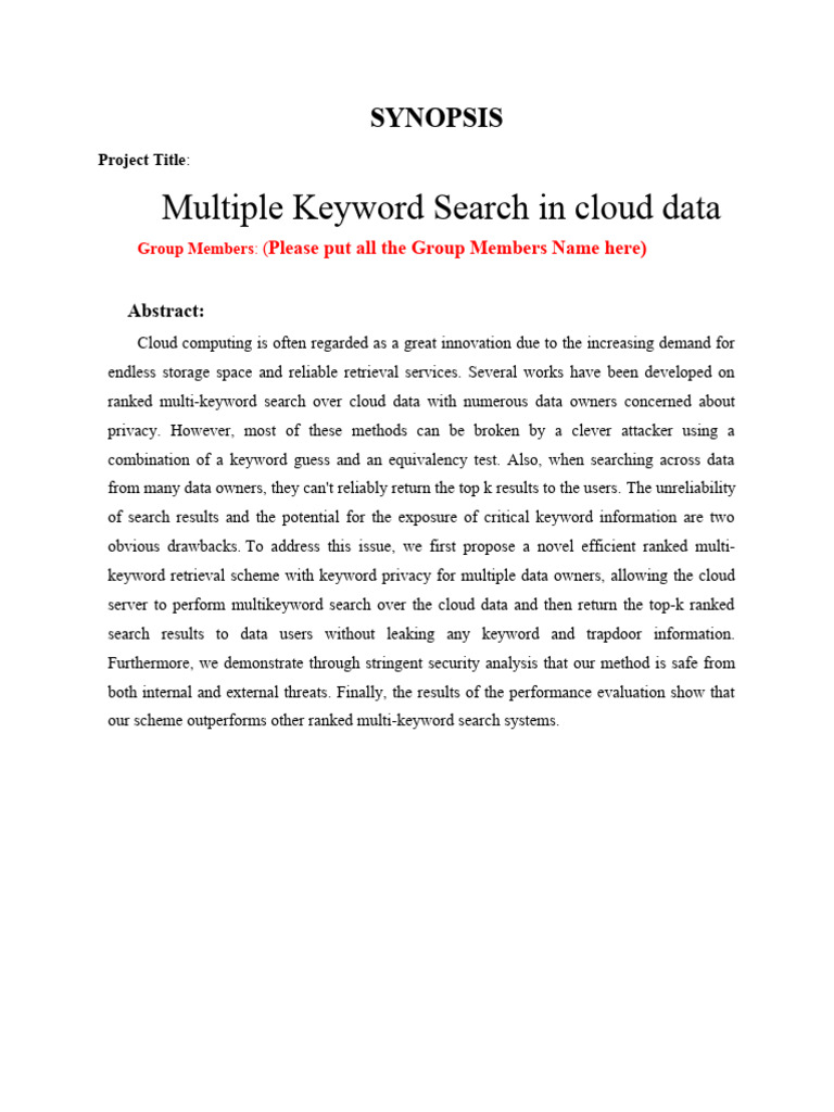 1 - Synopsis Multi Keyword Search in Cloud Data | PDF | Cloud Computing ...
