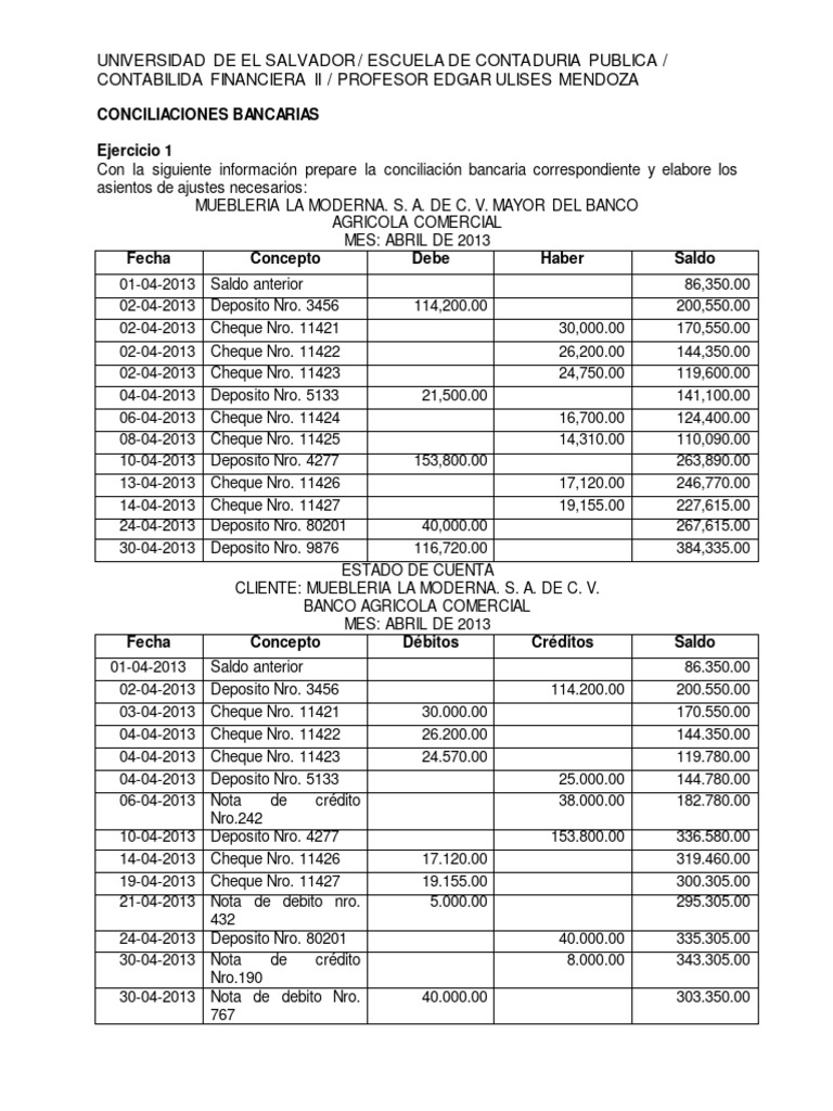 Ejercicios-Conciliacion Bancaria Ues CF2 | PDF | Cheque | Bancos