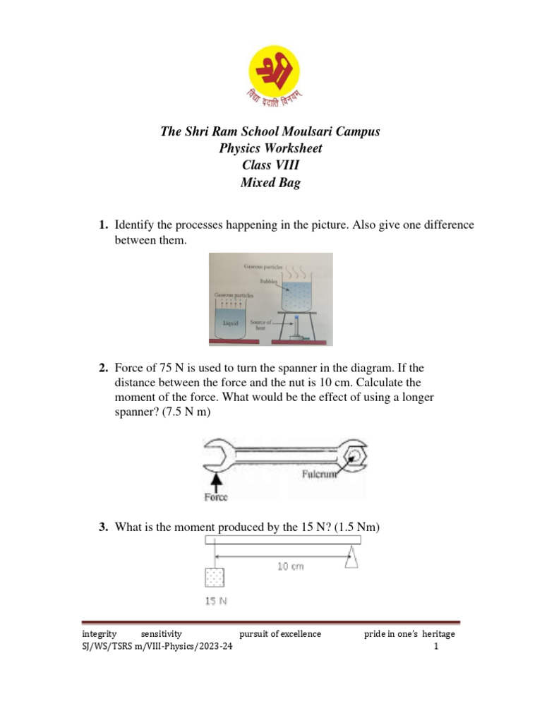 The Shri Ram School Moulsari Campus Physics Worksheet Class VIII Mixed ...