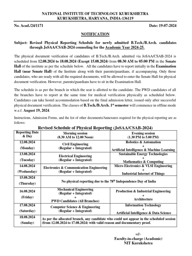 Revised Schedule of Physical Reporting (Josaa/Csab-2024) | PDF | Engineering | Birth Certificate