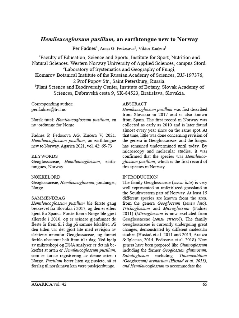 Hemileucoglossum Pusillum, An Earthtongue New To Norway | PDF | Taxonomy (Biology) | Biological ...