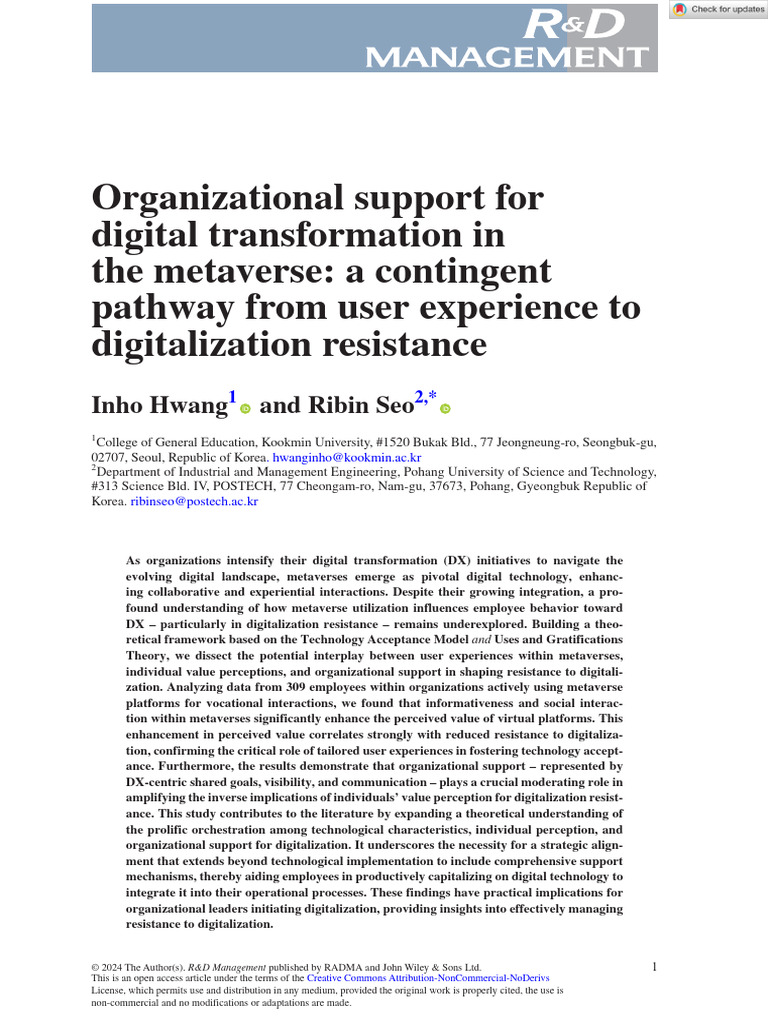 R D Management - 2024 - Hwang - Organizational support for digital transformation in the ...