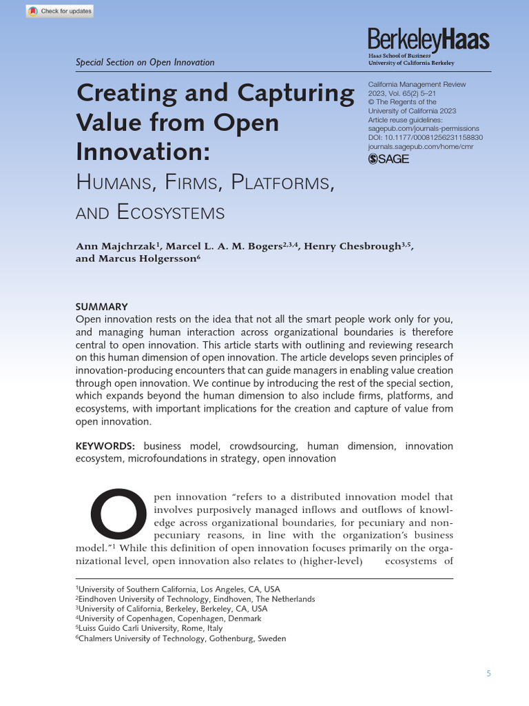 Majchrzak Et Al 2023 Creating and Capturing Value From Open Innovation Humans Firms Platforms ...