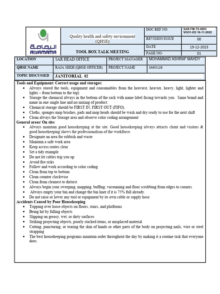 QHSE Toolbox Talk: Janitorial Safety Guide | PDF | Waste | Housekeeping