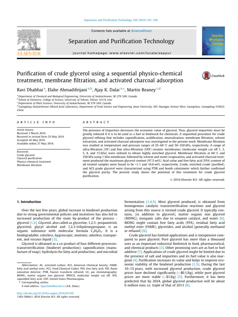 Crude Glycerol Purification Techniques | PDF | Membrane | Solubility