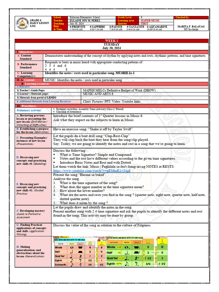 DLLP G6 MAPEH Q1 W1 MUSIC Identify Notes and Rests in Particular Song ...