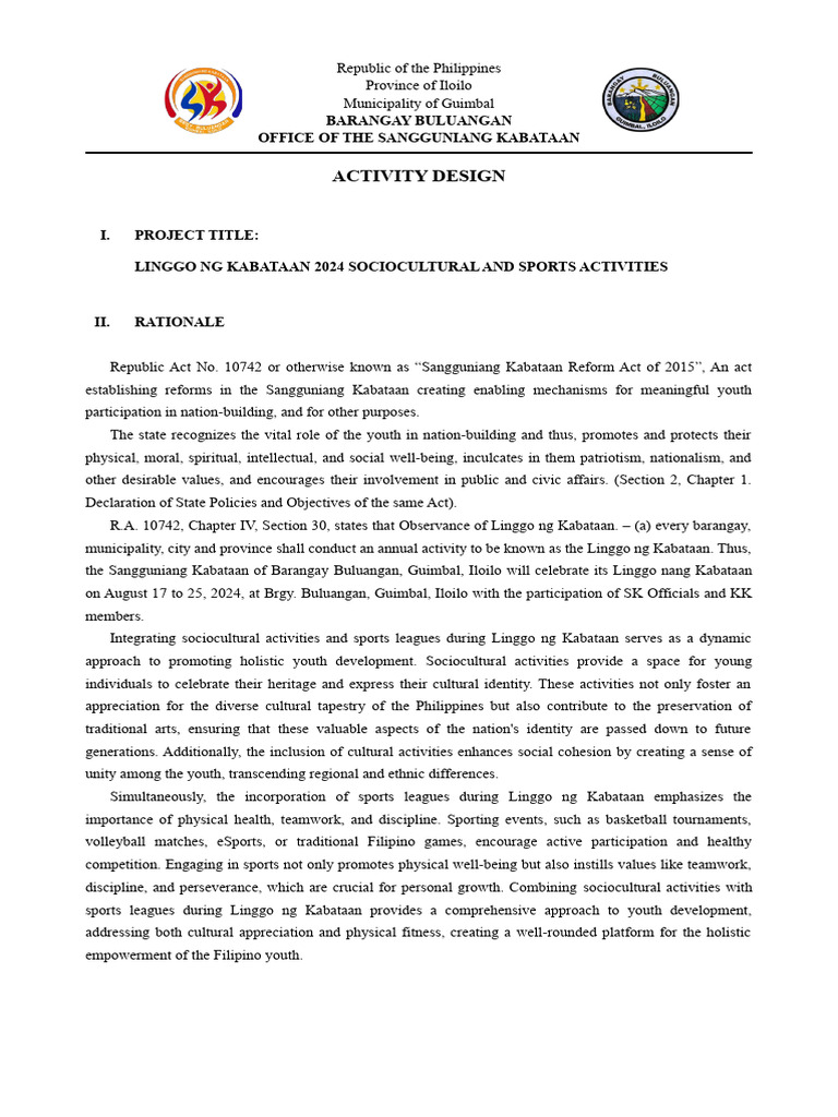 Activity Design-Linggo ng Kabataan 2024 | PDF | Sports | Civic Engagement