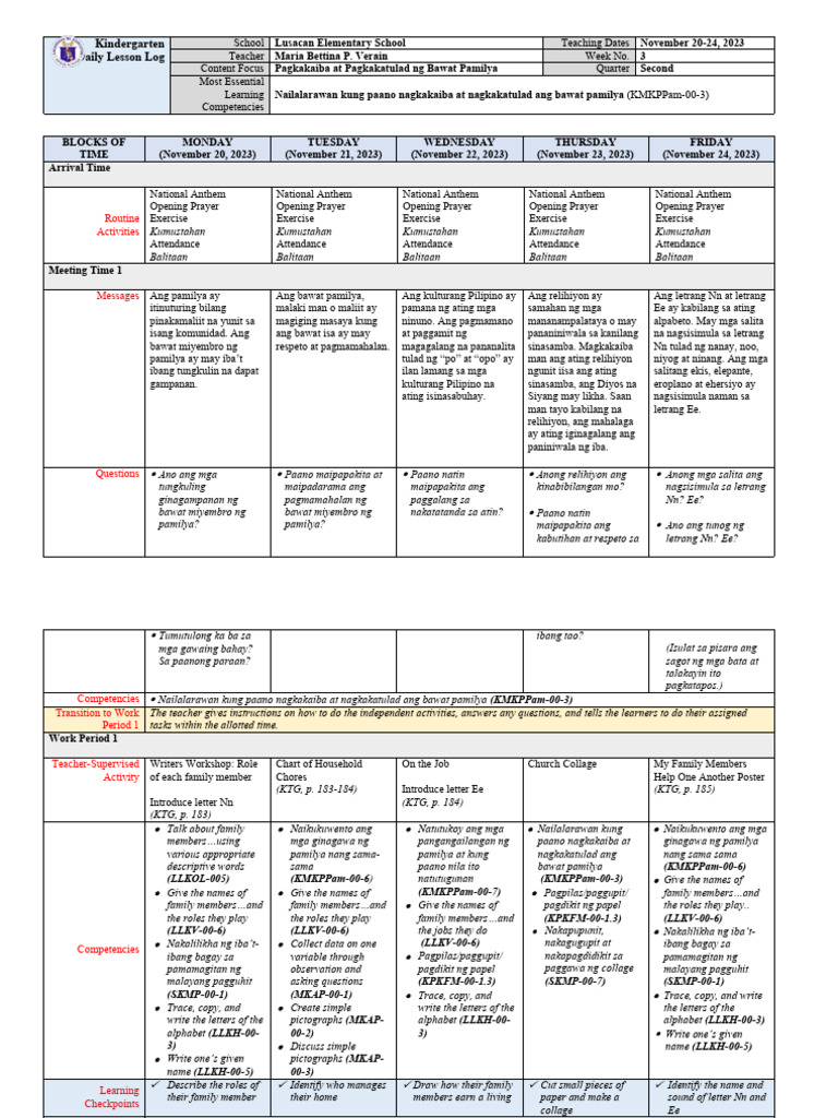 Kindergarten DLL MELC Q2 Week 3 Asf | PDF | Learning | Teachers