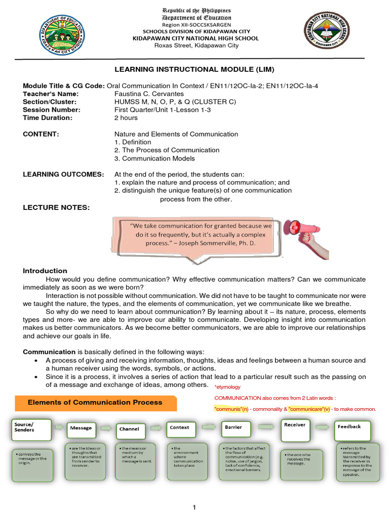Fs1 Oralcomm Elements Models New | PDF | Communication | Human Communication