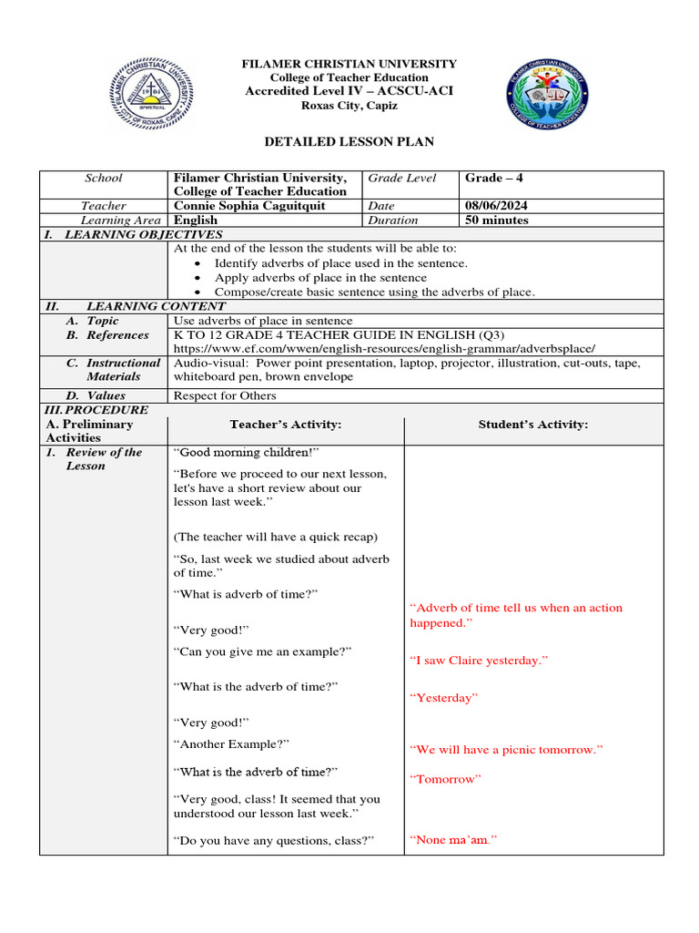 Final Lesson Plan 2024 PDF Final | PDF | Question | Adverb