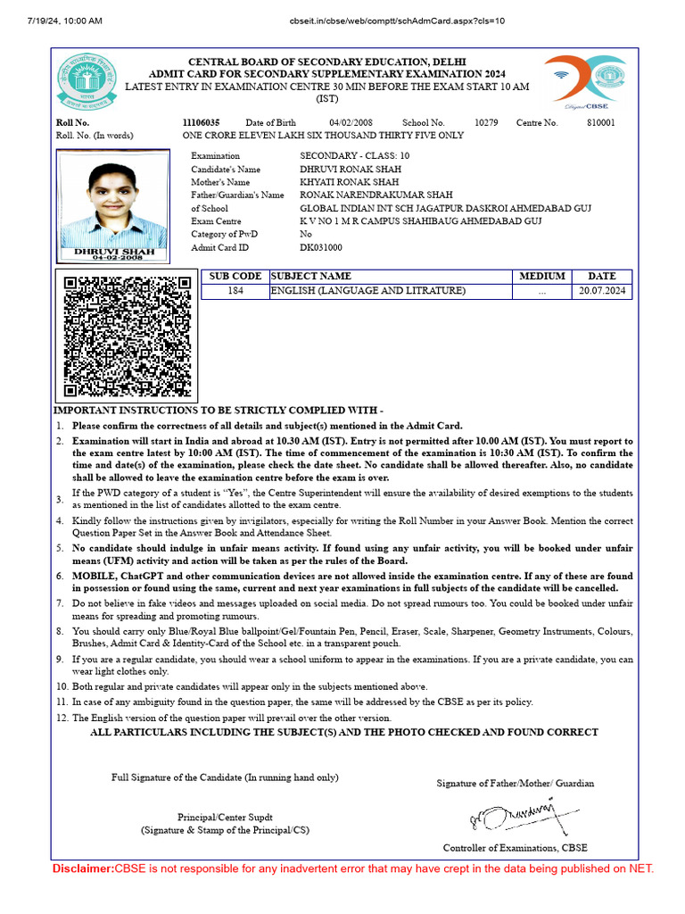 Cbseit - in Cbse Web Comptt schAdmCard - Aspx Cls 10 | PDF