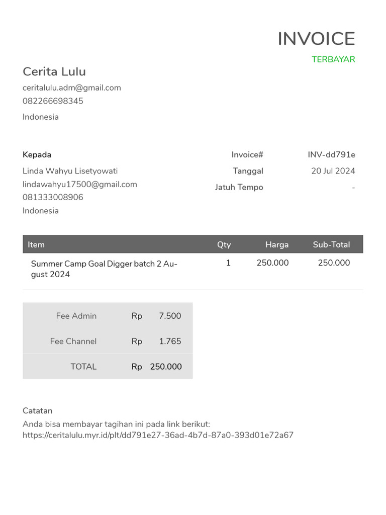 Invoice Summer Camp Cerita Lulu | PDF