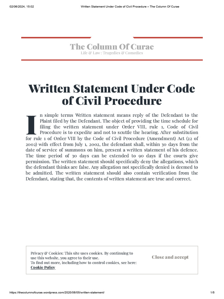 Written Statement Under Code of Civil Procedure – The Column Of Curae ...