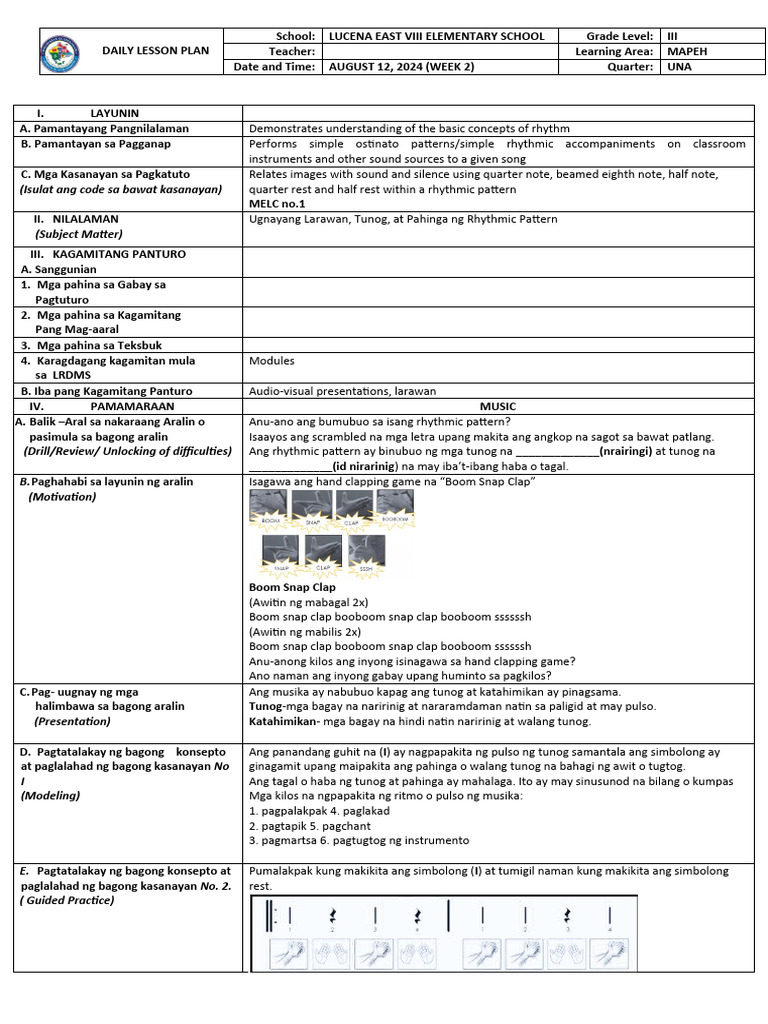 DLP - Mapeh 3 Q1 W2 | PDF