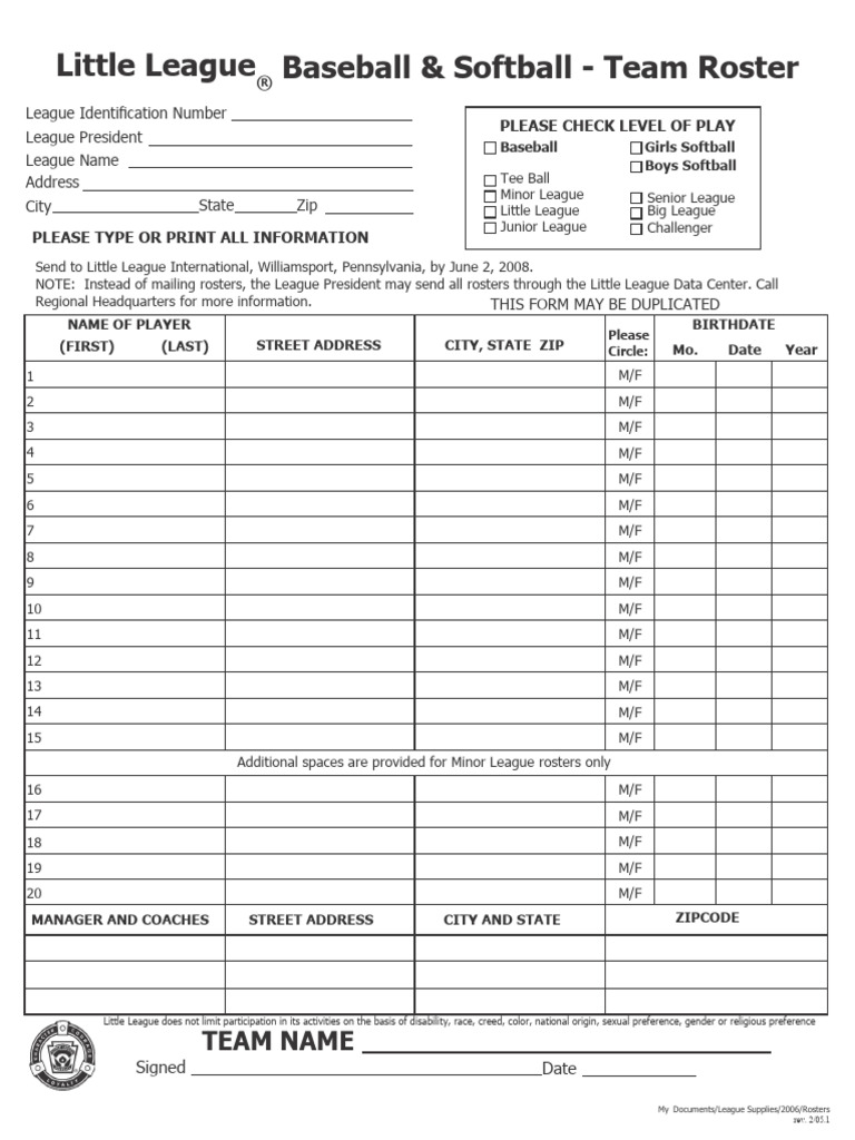 Little-League-Roster-Form-Template | PDF | Ball Games | Team Sports