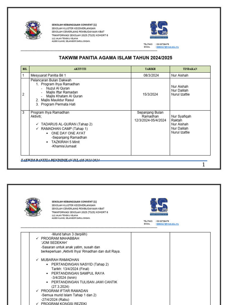 TAKWIM PELAKSANAAN HADIS 40 2024-2025 | PDF