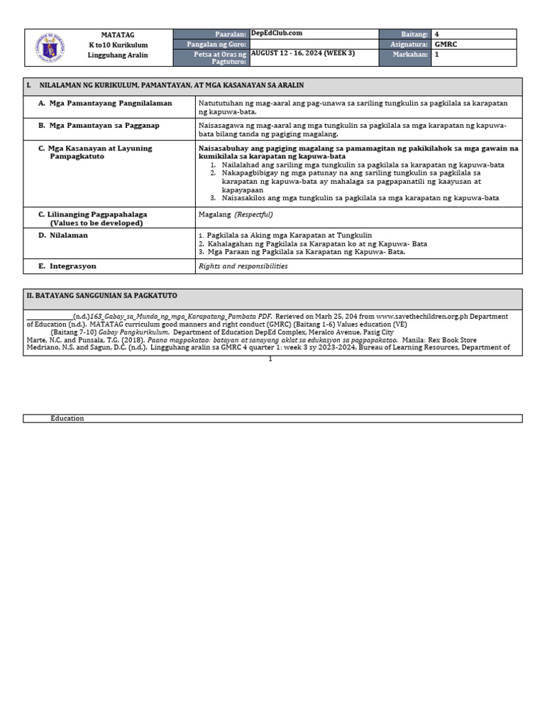 DLL Matatag - GMRC 4 Q1 W3 | PDF