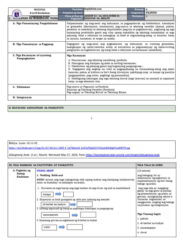 DLL Matatag - Filipino 4 Q1 W3 | PDF DLL Matatag - Filipino 4 Q1 W3 | PDF