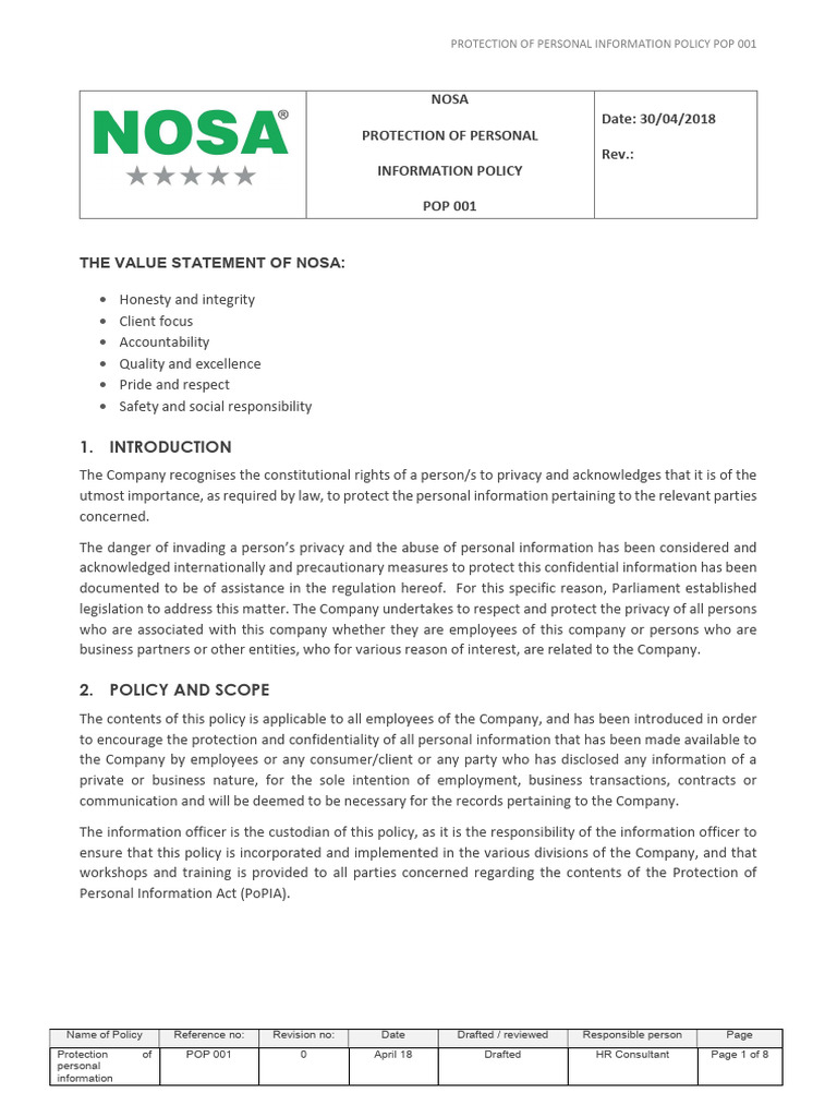 Nosa Pop001 Protection of Personal Information Policy 00000005 | PDF | Information | Justice