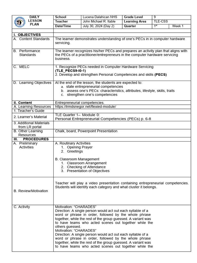DLP-TLE-CSS9-July 30 Day2 | PDF | Entrepreneurship | Learning