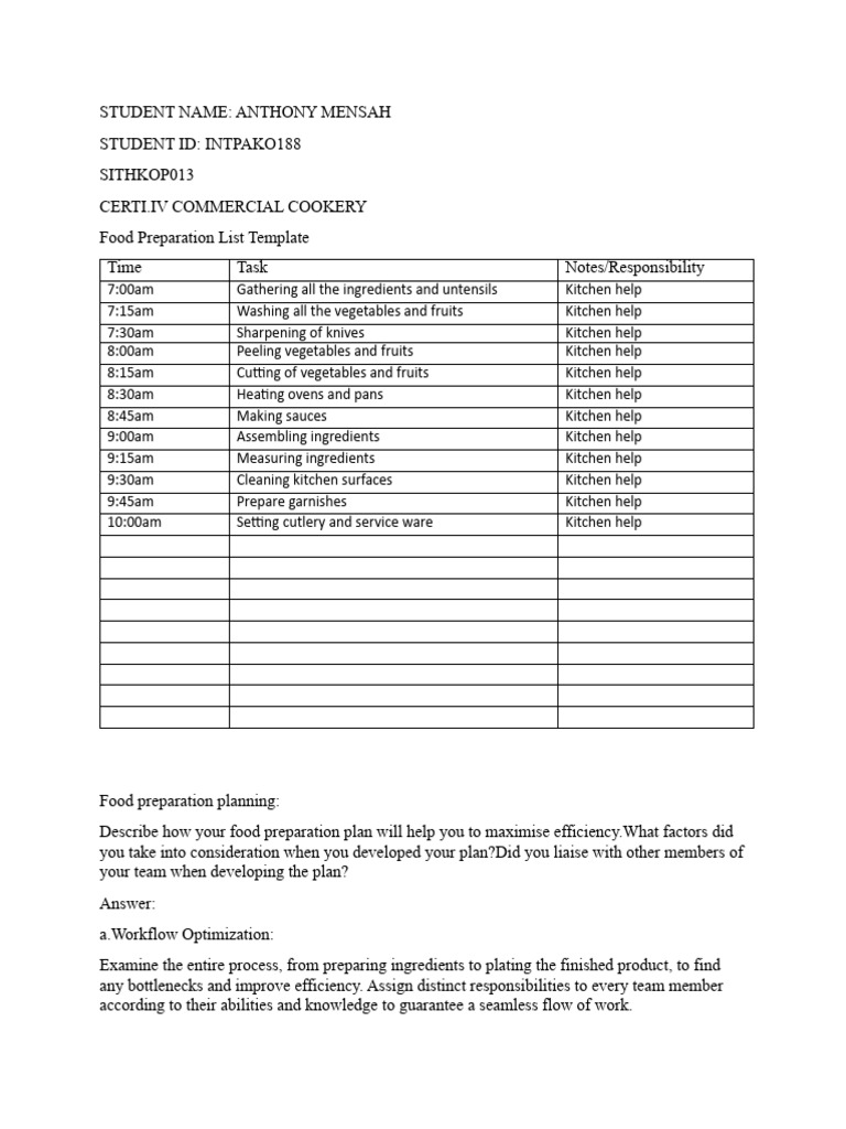 Food Preparation List Template | PDF | Kitchen | Cooking