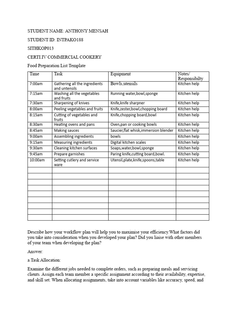 Kitchen Workflow Template | PDF | Kitchen Utensil | Kitchen