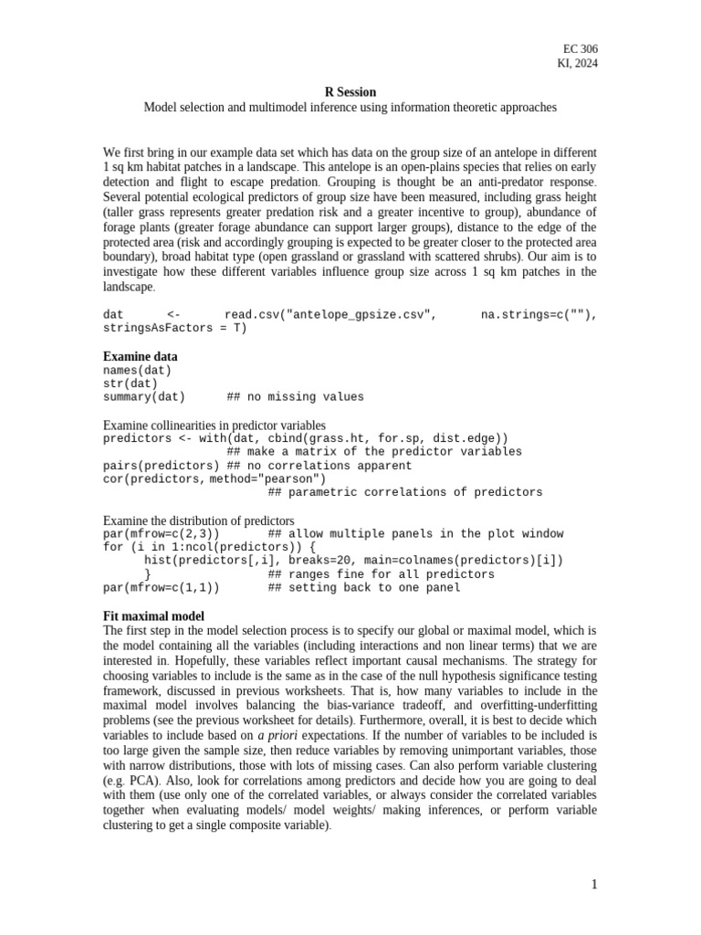 R Session Model Selection Multimodel Inference 2024 | PDF | Akaike Information Criterion ...