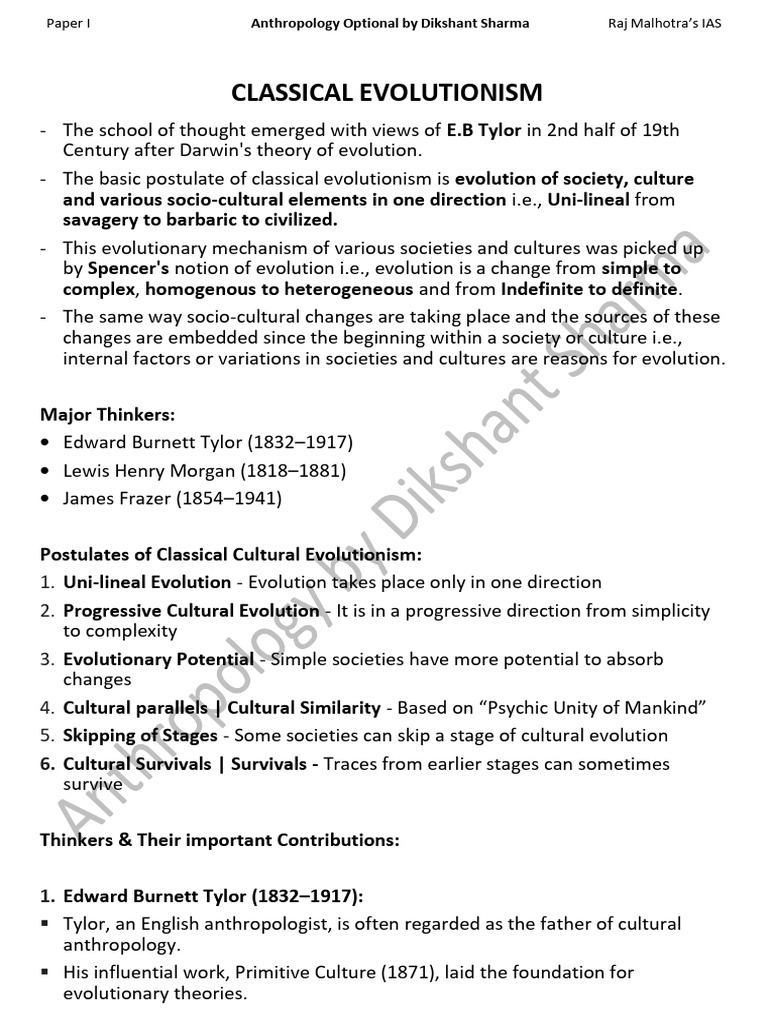Classical Evolutionism - Anthropology | PDF | Sociocultural Evolution ...