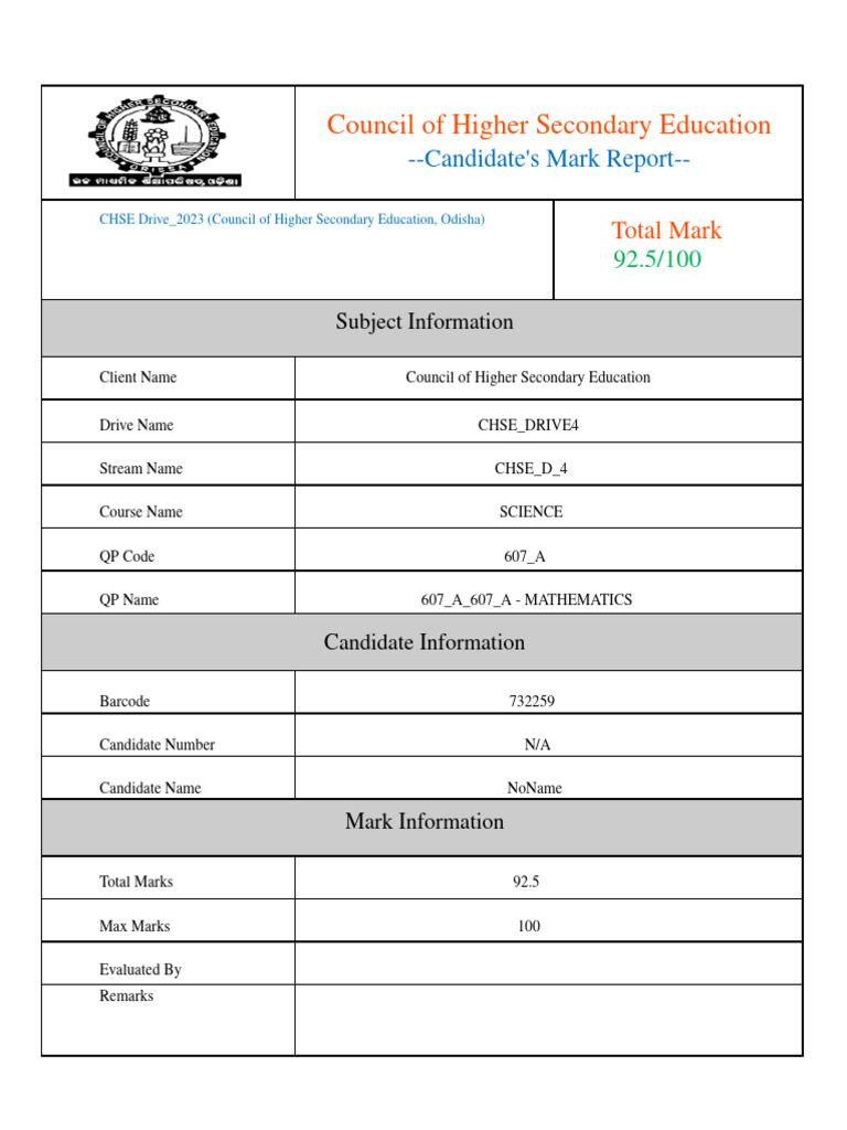 Council of Higher Secondary Education: - Candidate's Mark Report | PDF