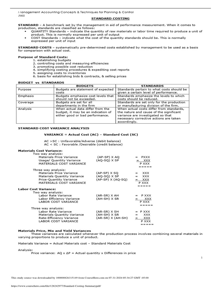 Standard Costing Summary PDF | PDF | Cost | Management Accounting