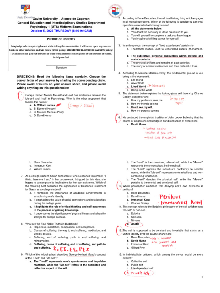 Psy-1-Midterm-Exam | PDF | Philosophy Of Self | Experience
