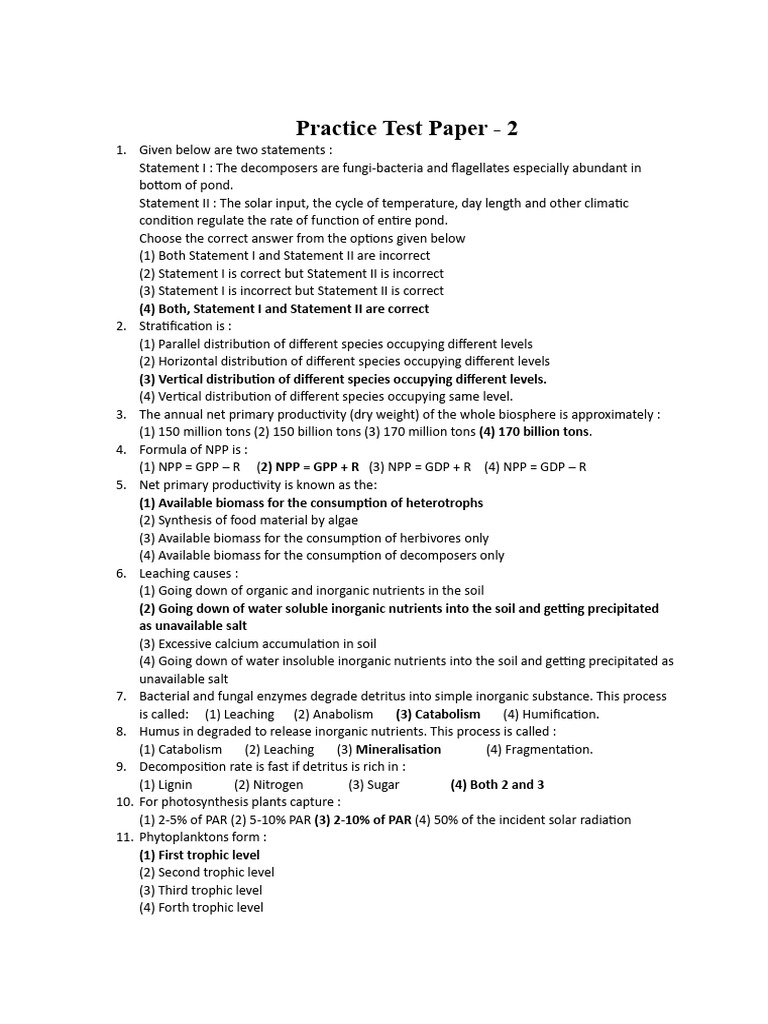 Ecology Practice Test Paper 2 | PDF | Food Web | Sewage Treatment