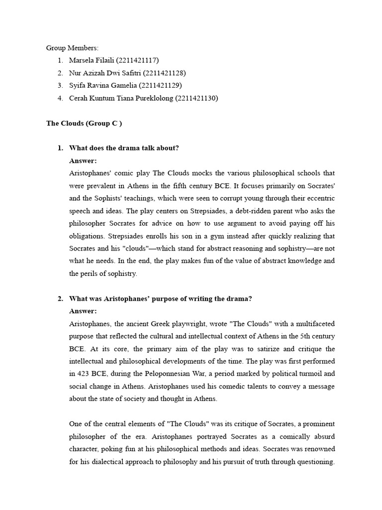 Group C (The Clouds) Project To Elements of Drama - Plot Summary of ...