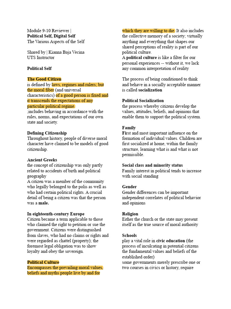 Module-9-10-Reviewer | PDF | Socialization | Citizenship