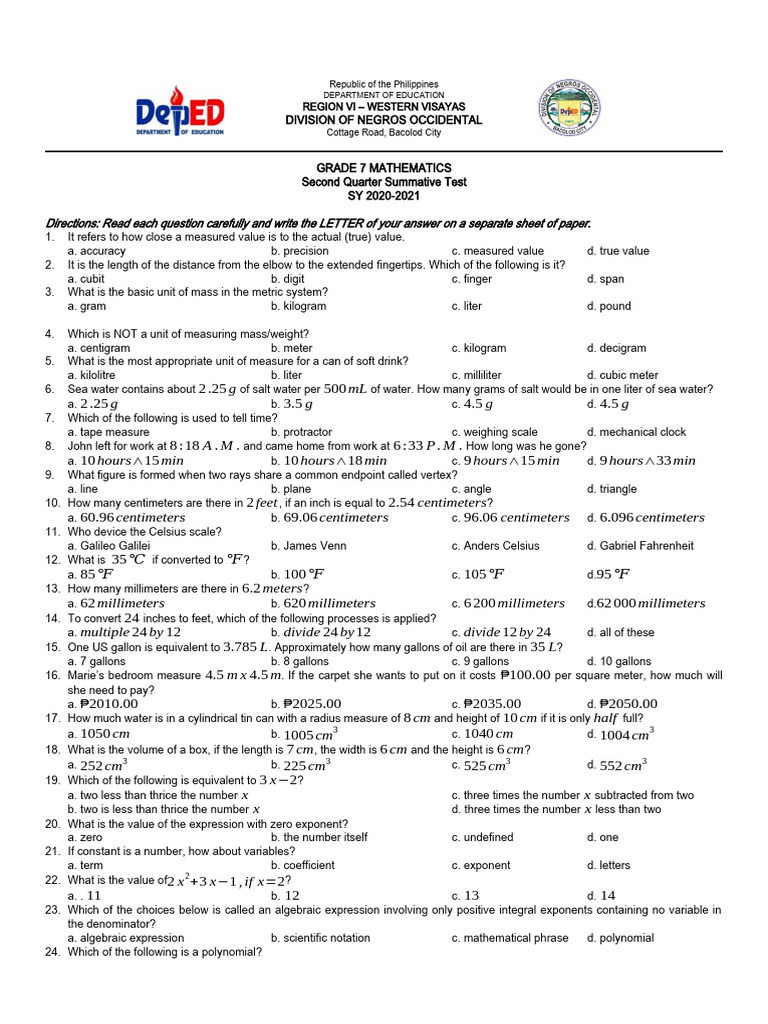 Second Quarterly Summative Test-1 | PDF | Fahrenheit | Subtraction